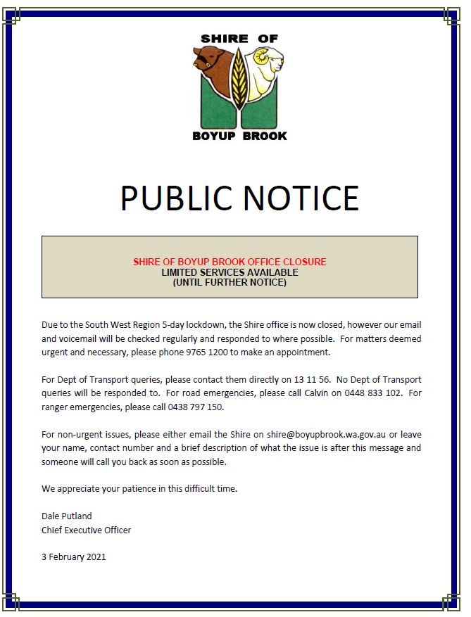 News Story - SHIRE OF BOYUP BROOK CURRENTLY CLOSED » Boyup Brook