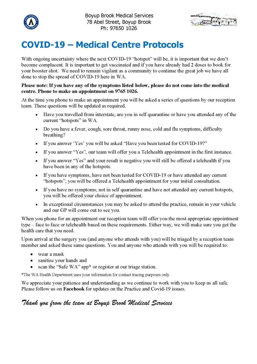 News Story - COVID-19 – Medical Centre Protocols » Boyup Brook