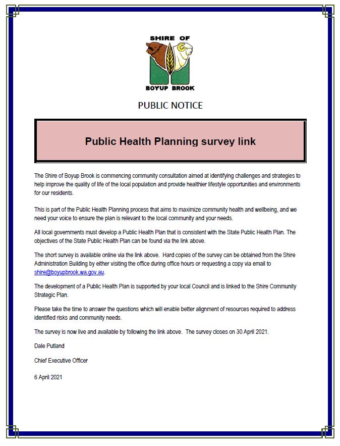 News Story - Public Health Planning survey link » Boyup Brook