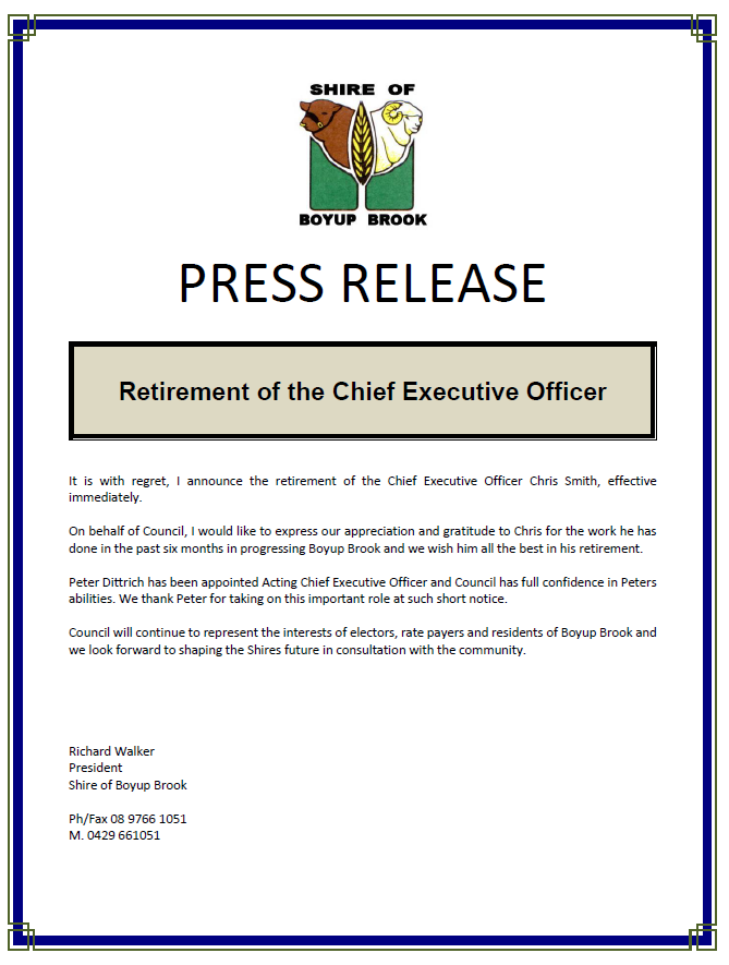 News Story - Retirement of the Chief Executive Officer » Boyup Brook