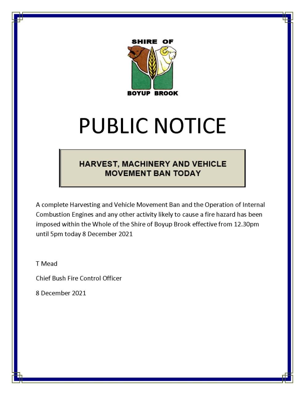 News Story - Complete Harvesting and Vehicle Movement Ban 8 December ...